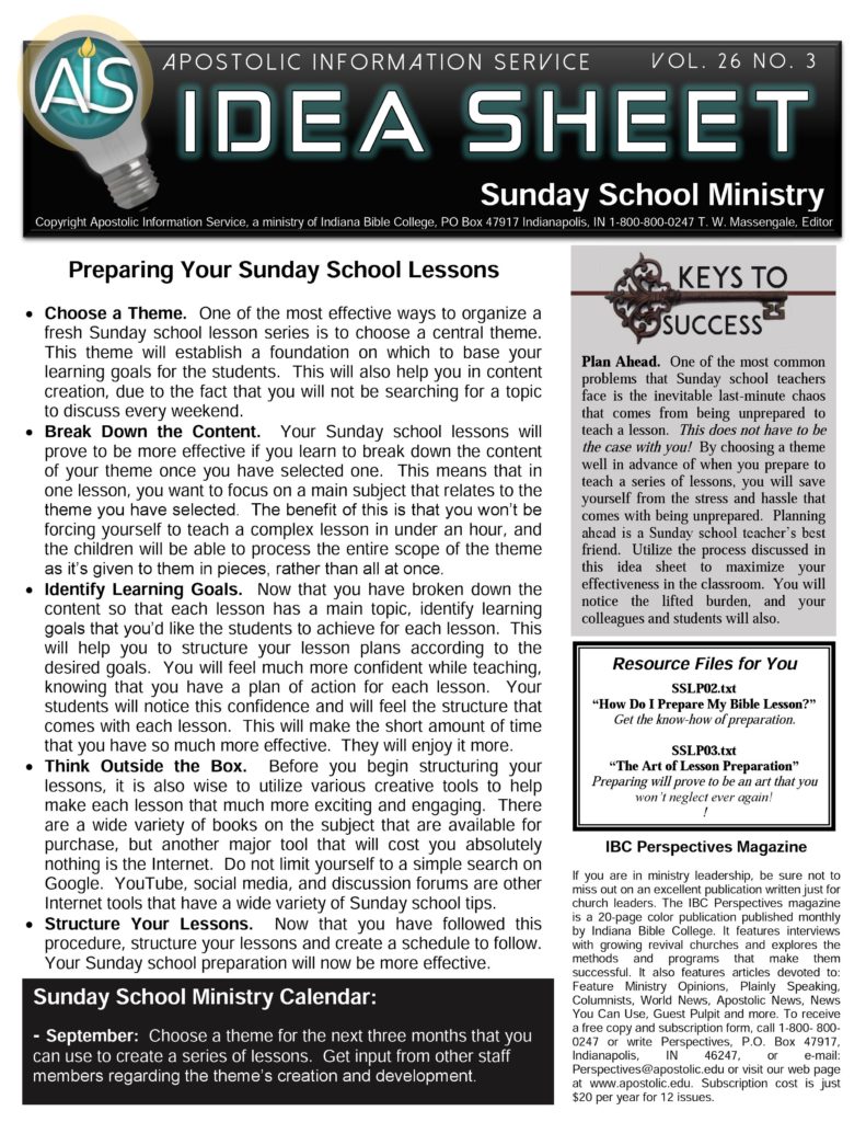 Sunday School Ministry Idea Sheet – APOSTOLIC INFORMATION SERVICE