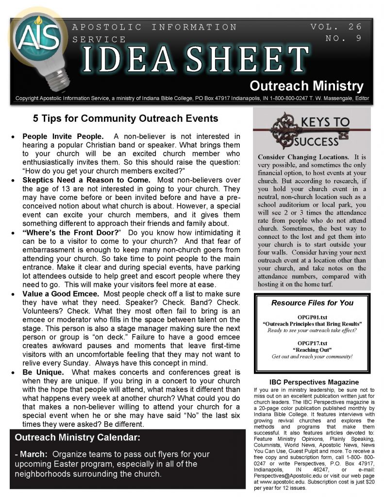 Outreach Ministry Idea Sheet (Newsletter 3-5) – APOSTOLIC INFORMATION ...