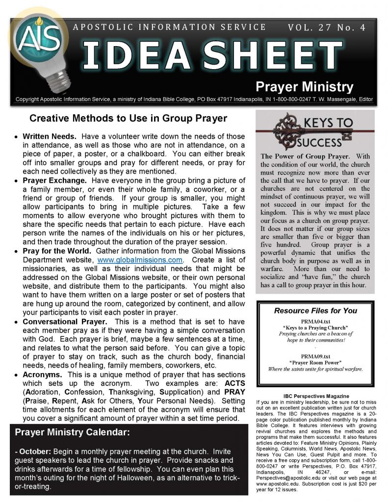 Idea Sheet – Prayer (Newsletter 3-12) – APOSTOLIC INFORMATION SERVICE