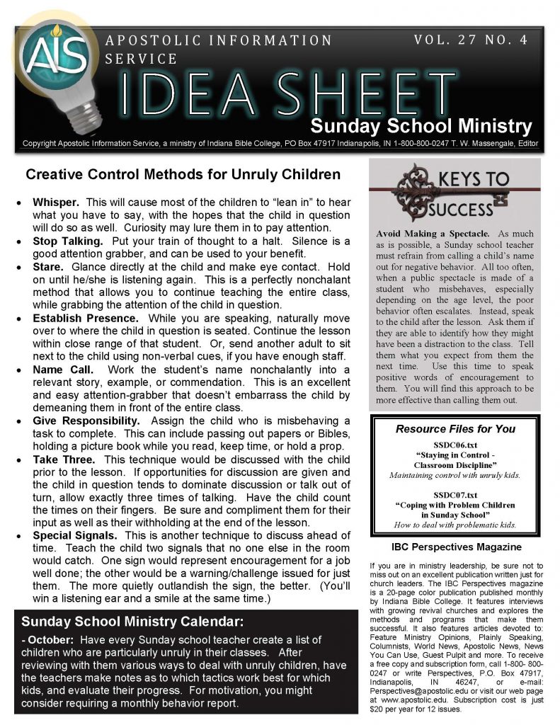 Idea Sheet – Sunday School (Newsletter 3-12) – APOSTOLIC INFORMATION ...