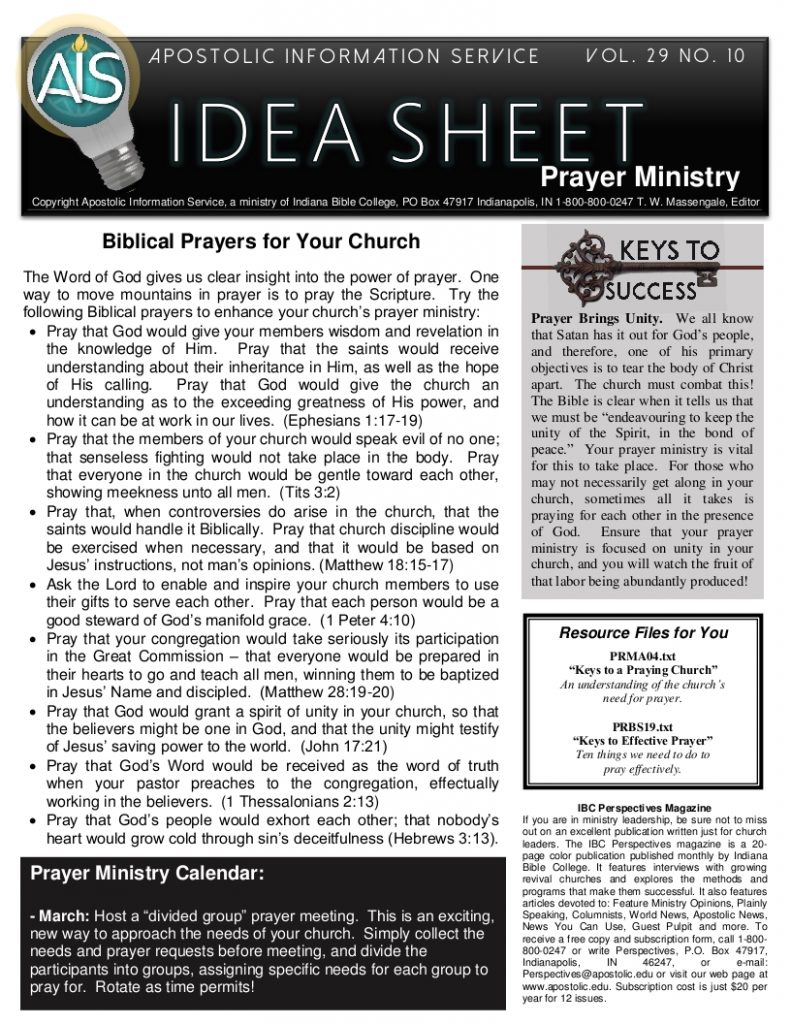 Prayer Ministry Idea Sheet (Newsletter 5-6) – APOSTOLIC INFORMATION SERVICE